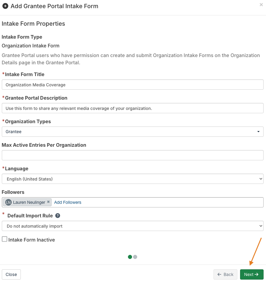 Organization and Active Grant Intake Forms